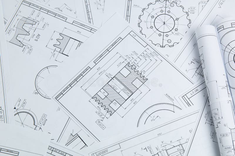 Engineering Drawings of Industrial Parts and Mechanisms Stock Photo ...