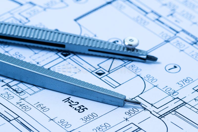 Engineering Drawings with Metallic Compass Stock Photo - Image of paper ...