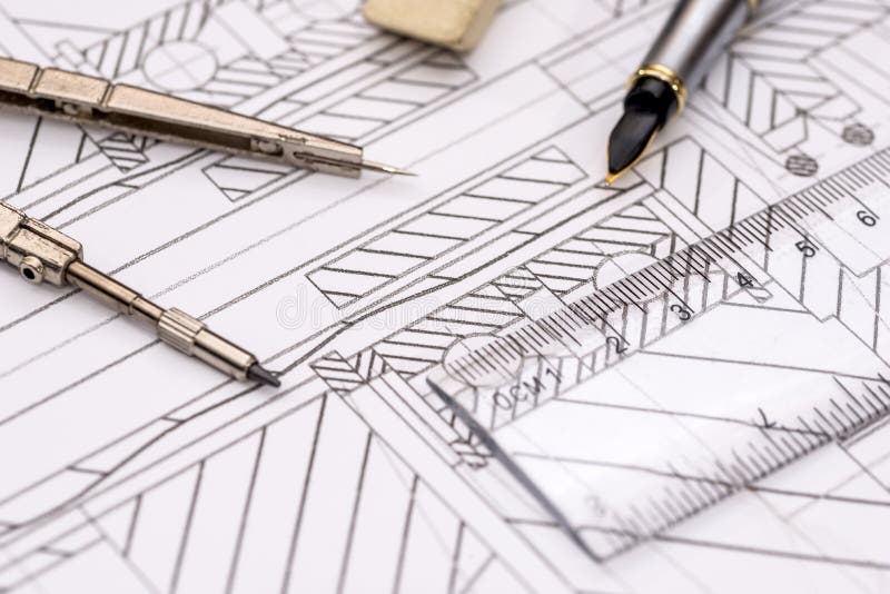 Engineering Drawings, Pen Compasses, Ruler Stock Photo - Image of ...