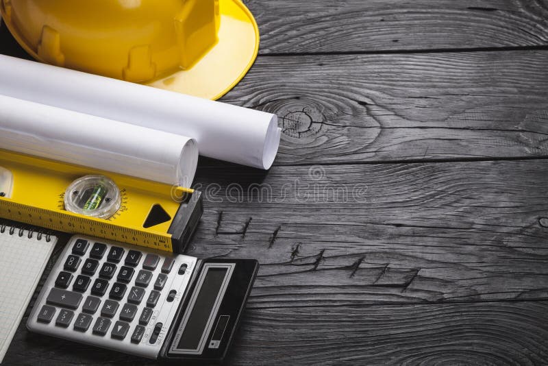 Engineering Equipment Set on Wooden Background Stock Photo - Image of ...