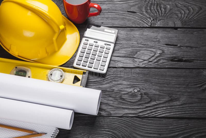 Engineering Equipment Set on Wooden Background Stock Image - Image of ...