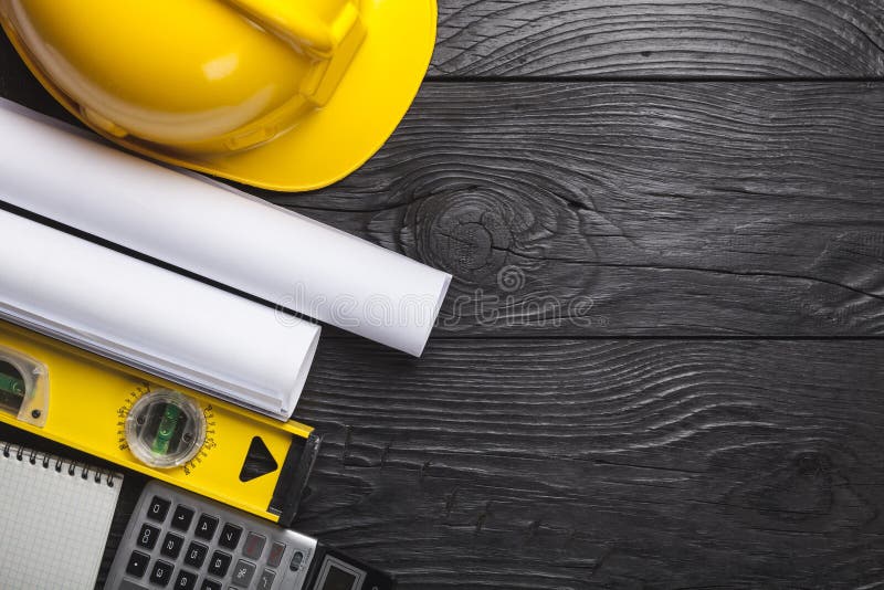 Engineering Equipment Set on Wooden Background Stock Photo - Image of ...