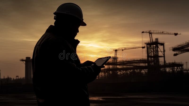 Engineering the Future, Silhouette of Engineer with Tablet at Site ...