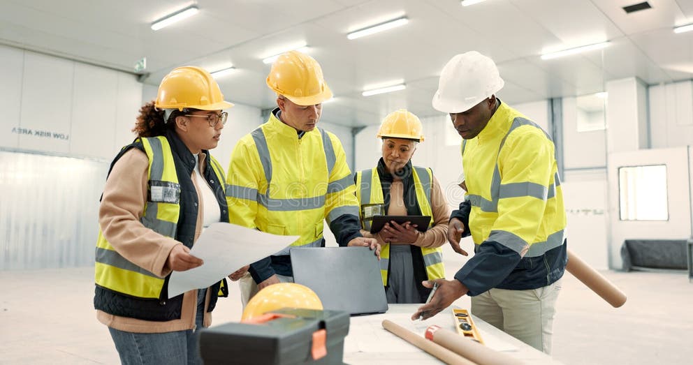 Engineering Group, Blueprint Planning and Tablet at Construction Site ...