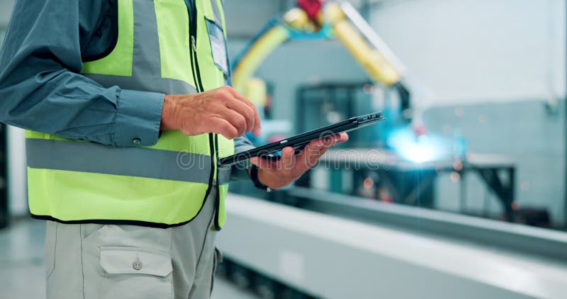 Engineering, Hands and Man with Tablet, Robotics or Connection with App ...