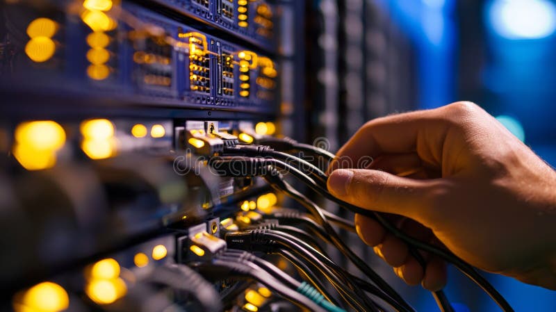 Engineering Hands Repairing a Router in a Server Room. Stock Photo ...