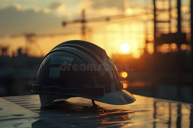 Engineering Helmet Silhouetted Against a Fiery Sunset Stock Photo ...