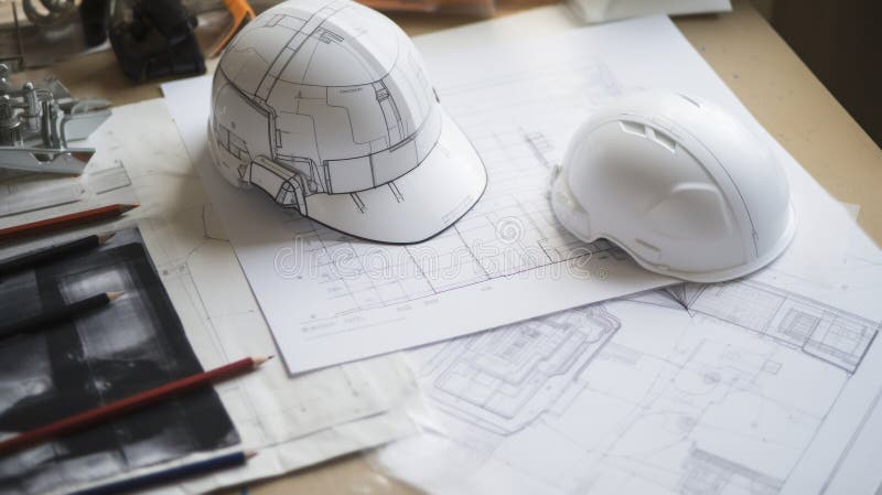 Engineering Helmets and Blueprints on Designer S Table Stock ...