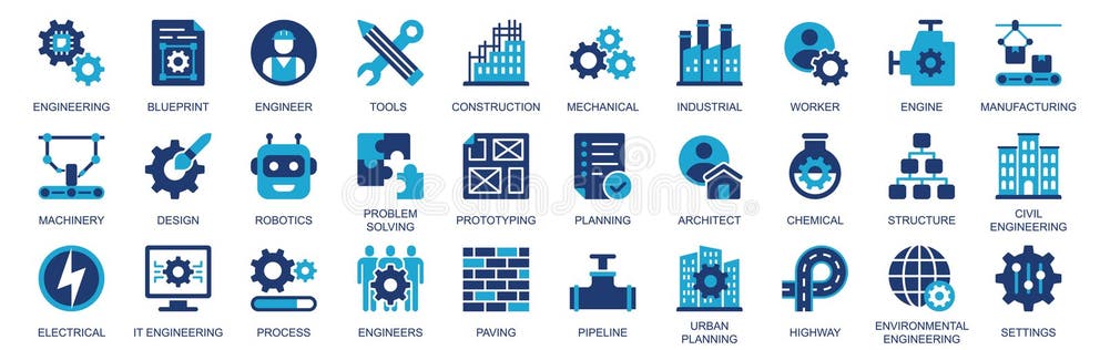 Engineering Icon Set in Flat Duotone Solid Icons Web Design. Pack ...