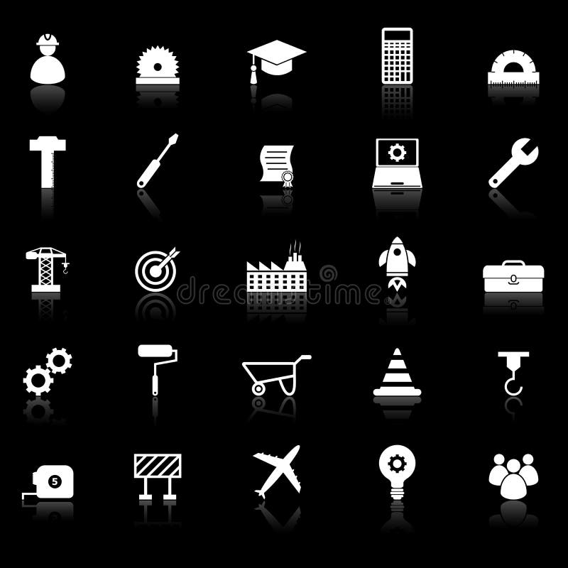 Engineering Icons with Reflect on Black Background Stock Vector ...