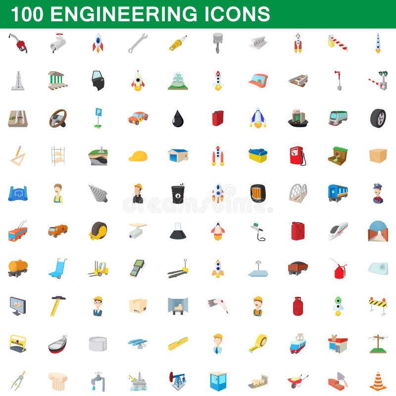 100 Engineering Icons Set, Cartoon Style Stock Vector - Illustration of ...