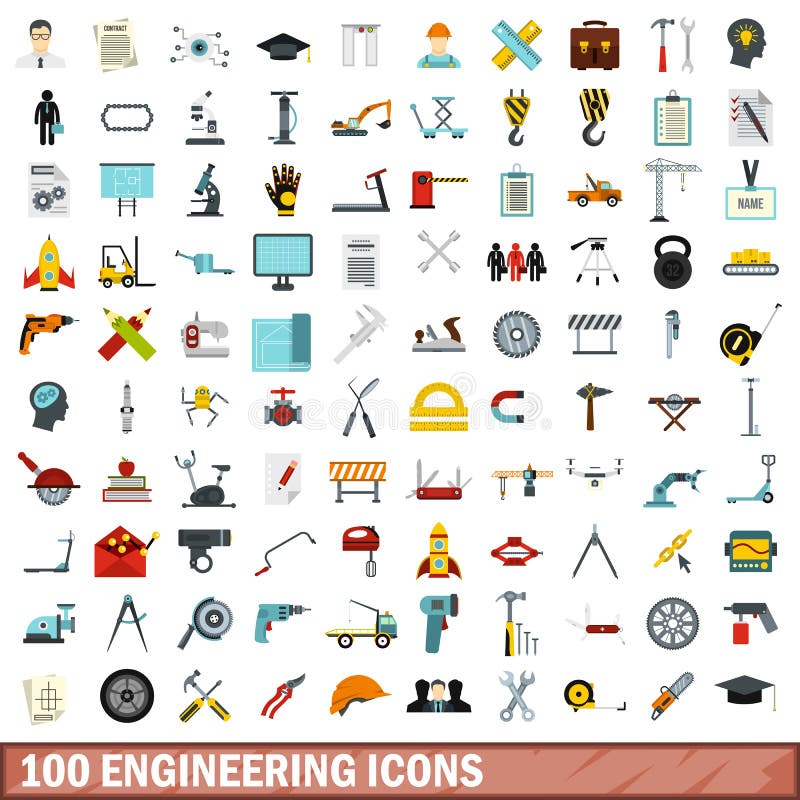 100 Engineering Icons Set, Flat Style Stock Vector - Illustration of ...