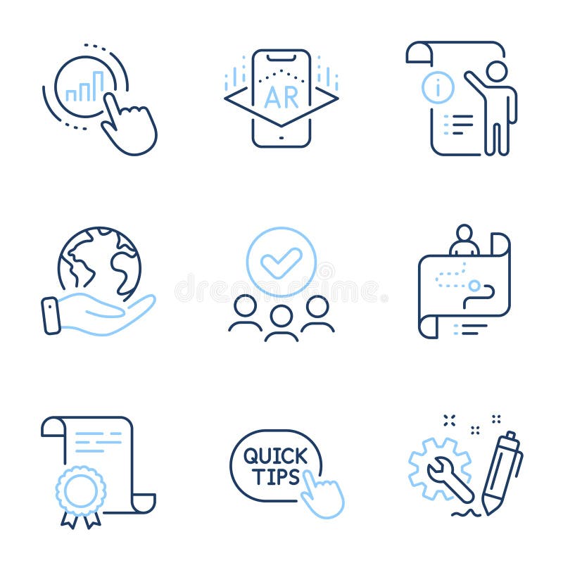 Engineering, Journey Path and Manual Doc Icons Set. Augmented Reality ...