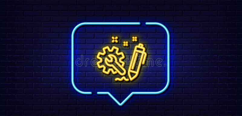 Engineering Line Icon. Cogwheel and Wrench Tool Sign. Neon Light Speech ...