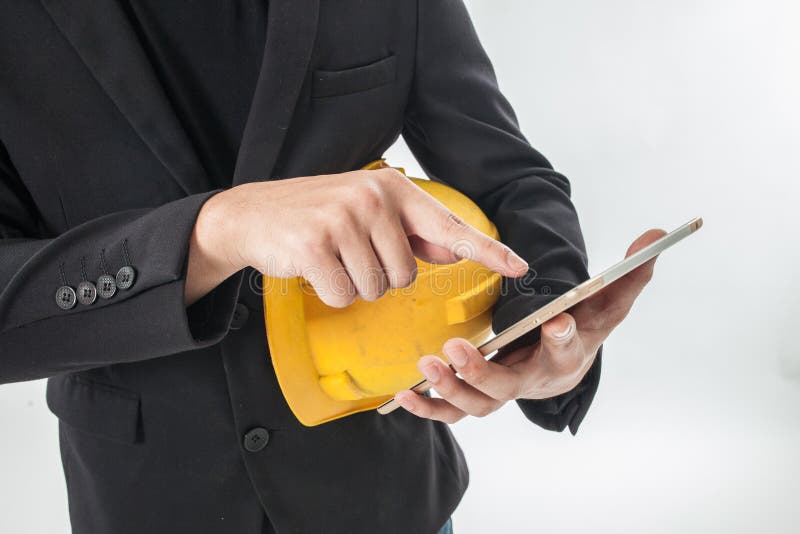 Engineering Man are Check Job and Order by Touch Phone and Touch Pad ...