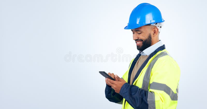 Engineering, Man and Phone for Construction Chat, Communication and ...