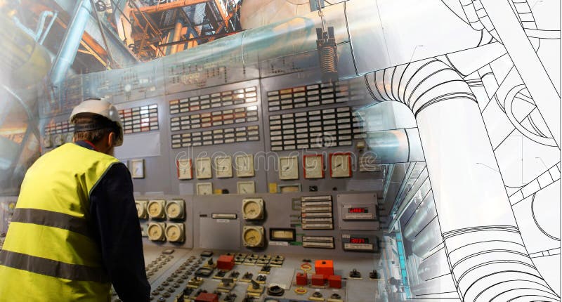Engineering Man Working on Power Plant As Operator Against Drawings ...