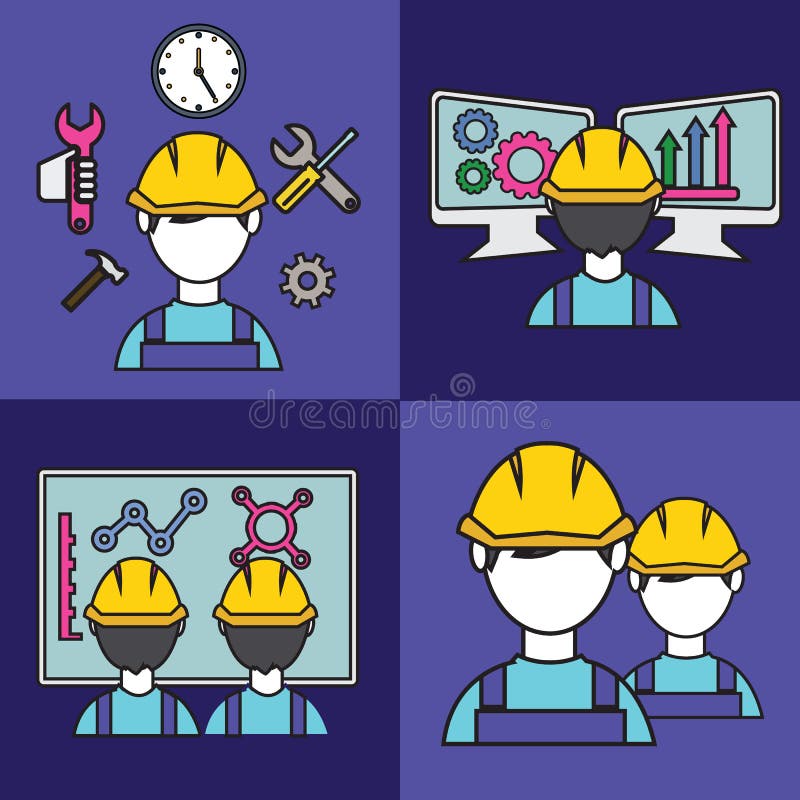 Engineering, Mechanic and Support Vector Set, Flat Outlined Design ...