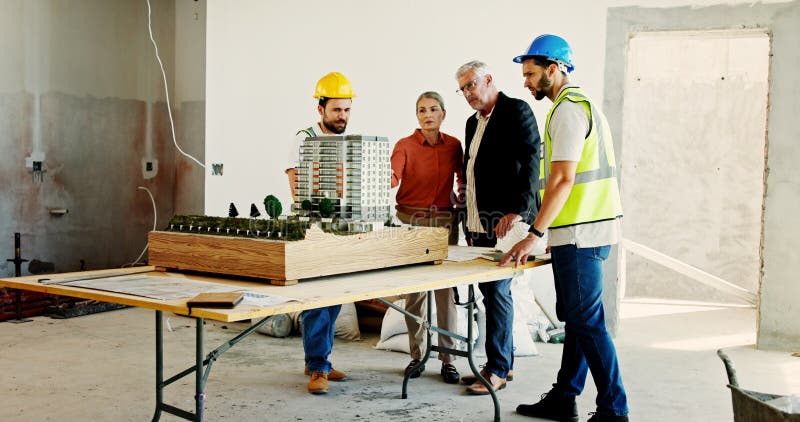 Engineering, Meeting and People at Construction Site with Model ...