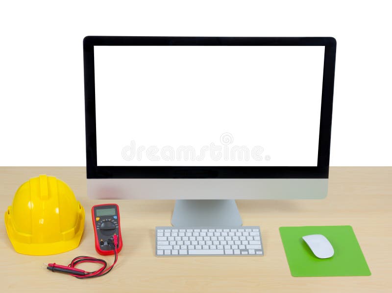 Engineering Office Table, Computer, Multimeter And Helmet Stock Photo ...