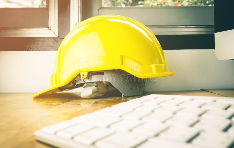 Engineering Office Table Computer and Working Helmet Stock Photo ...
