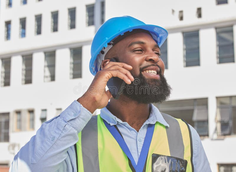 Engineering, Phone Call and Happy with Black Man in City for ...