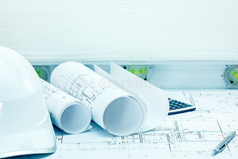 Engineering Plan, Blueprint Rolls, Pencil, Calculator, Bubble Le Stock ...