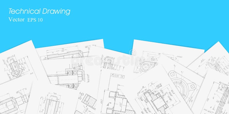 Engineering Plan Scheme . Technical Drawing on White Sheets of Paper ...