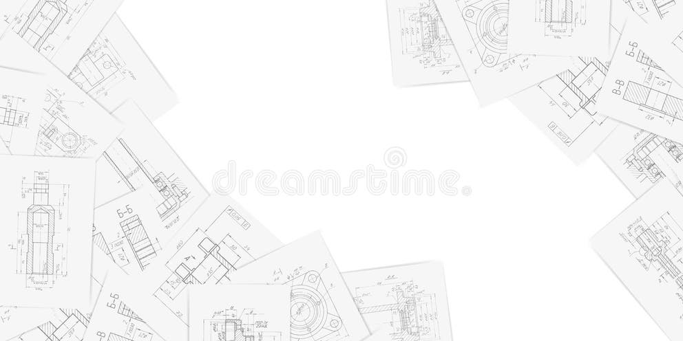 Engineering Plan Scheme . Technical Drawing on White Sheets of Paper ...