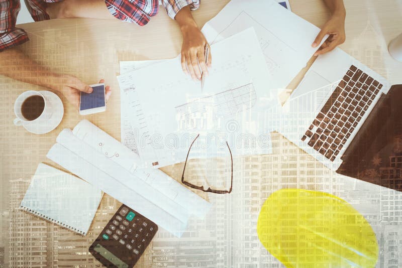Engineering Project Accessories on Desk in Construction Site or Stock ...