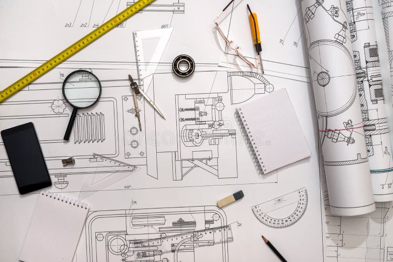 Engineering Project with Work Tools Stock Photo - Image of pencil ...