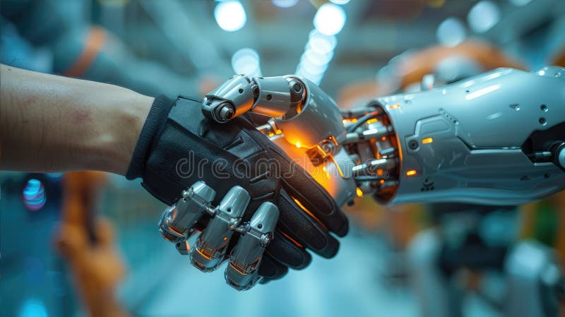An Engineering Robot and a Man Shake Hands at a Factory Event Stock ...