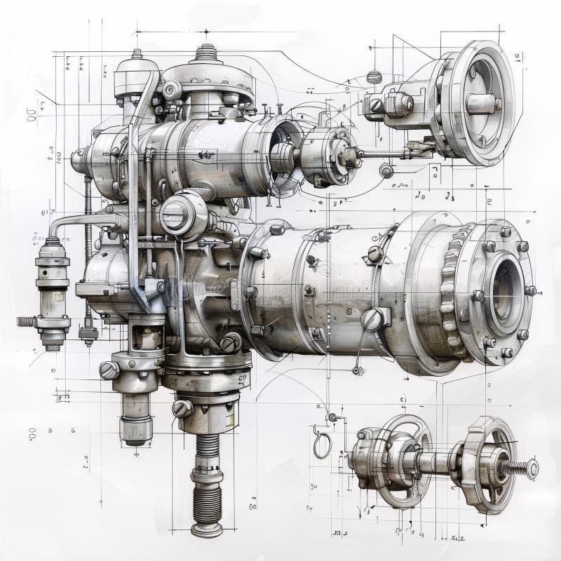 Engineering Schematic with Components, Bolts, Gears, and Cylinders ...