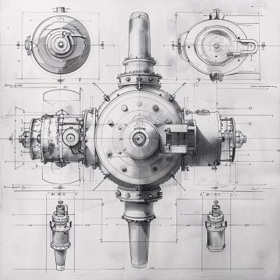 Engineering Schematic with Components, Bolts, Gears, and Cylinders ...