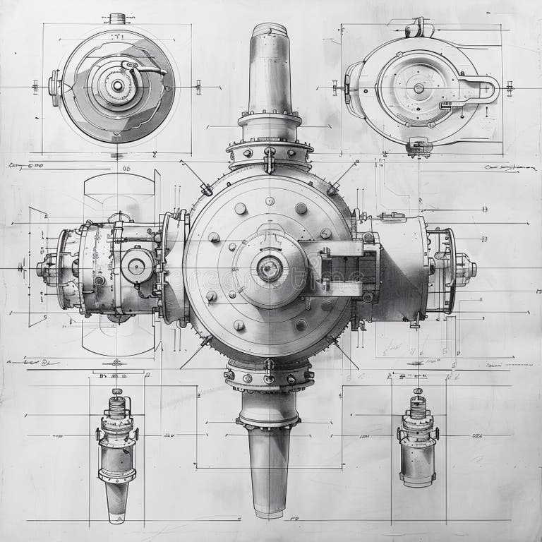 Engineering Schematic with Components, Bolts, Gears, and Cylinders ...