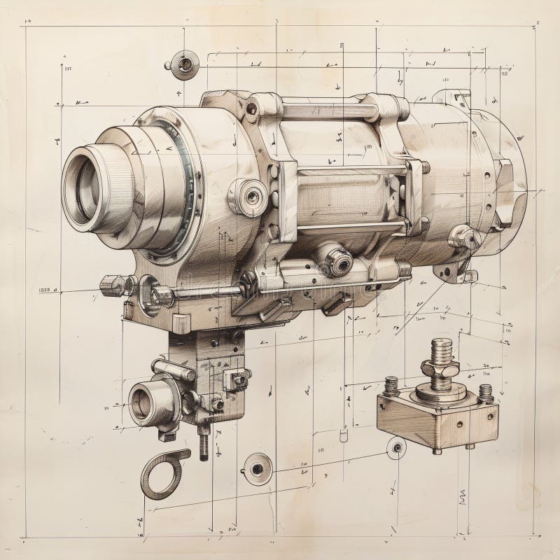 Engineering Schematic with Components, Bolts, Gears, and Cylinders ...