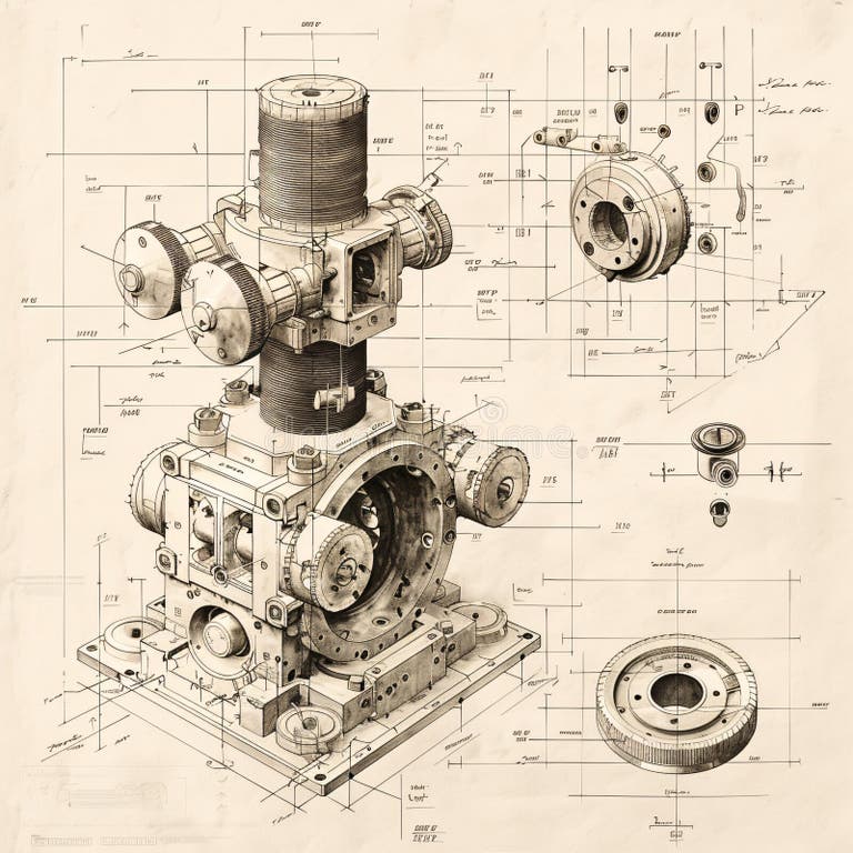 Engineering Schematic with Components, Bolts, Gears, and Cylinders ...