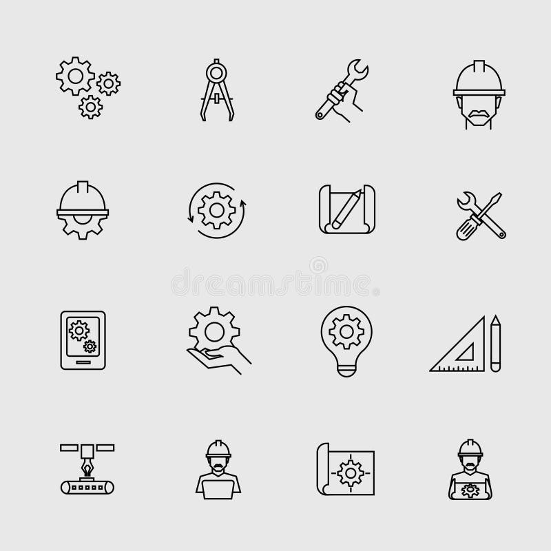 Engineering Simple Icons. Machine Engineers and Architect Engineer Work ...