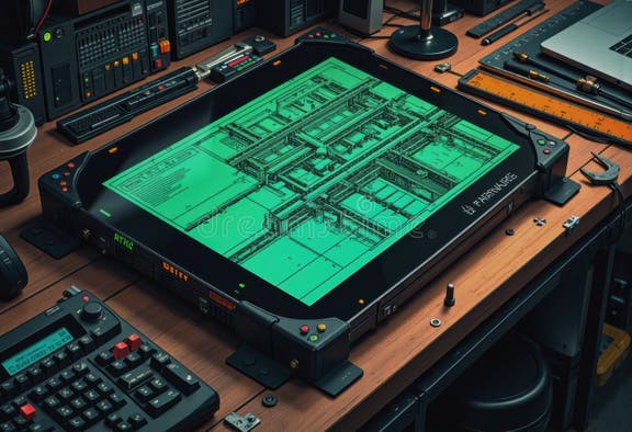 Engineering Sketch Displayed on a High-tech Touchpad in a Workshop ...