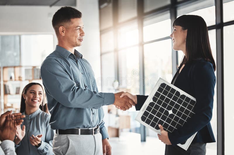 Engineering, Success and Solar Panels with People and Handshake for ...
