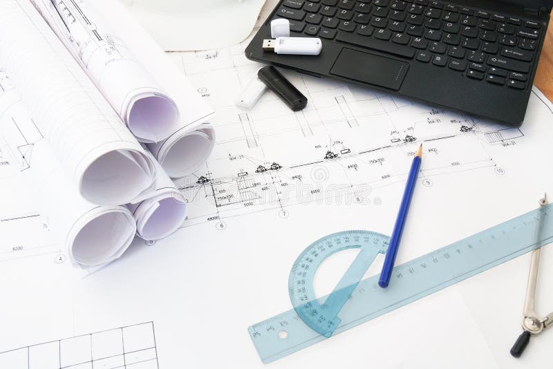 Engineering Table with Laptop and USB Memory Stock Photo - Image of ...