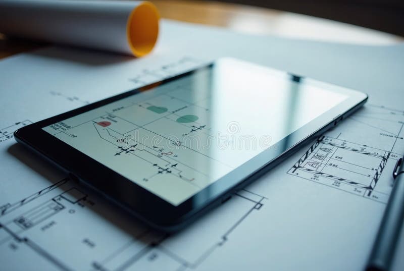 Engineering Tablet on Blueprint Field Work Preparation for Construction ...