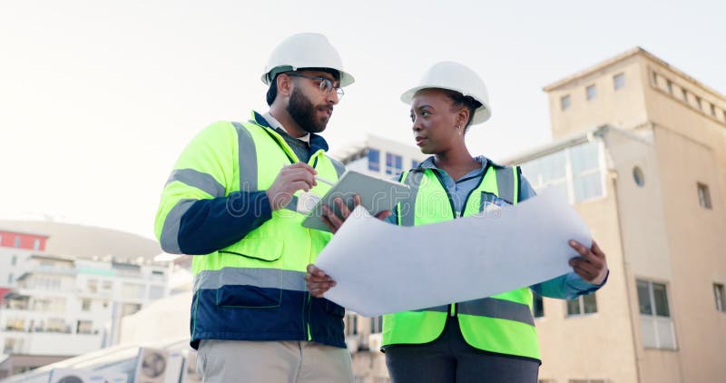 Engineering, Tablet and Blueprint with People in City for Project ...