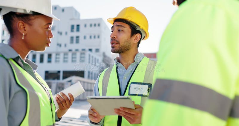 Engineering, Tablet and Teamwork with Group of People in City for ...