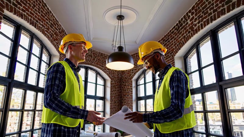 Two Engineers Discuss Project in Office in Vests Showing Teamwork and ...