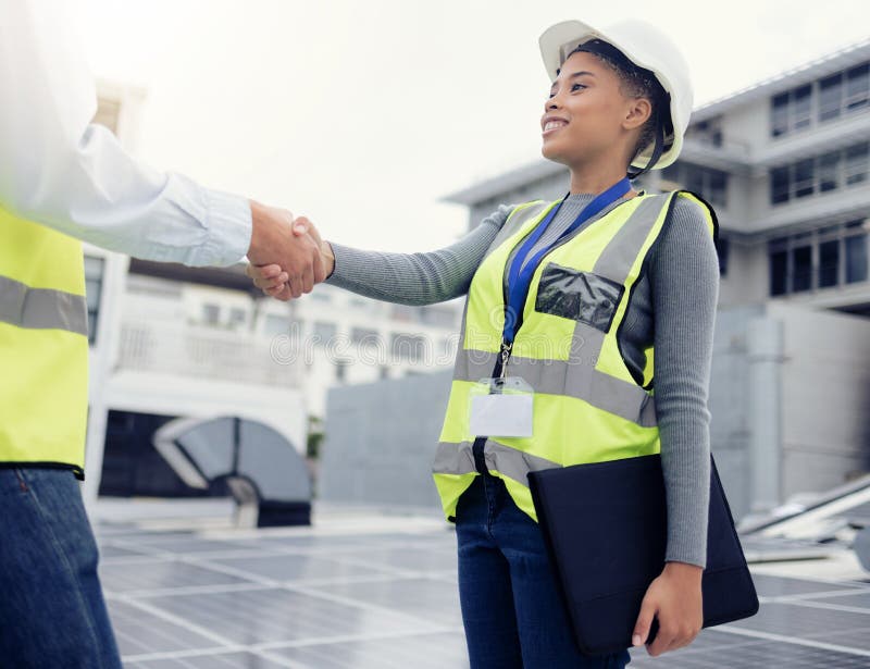 Engineering Team Handshake, Black Woman at Solar Panel Construction ...