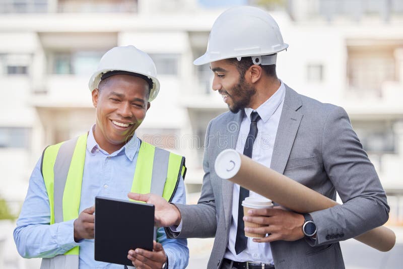 Engineering, Teamwork and Men with Tablet at Construction Site for ...