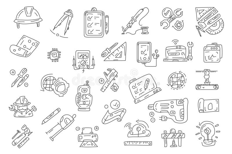 Engineering, Technology, and Construction Hand Drawn Doodle Line Icons ...