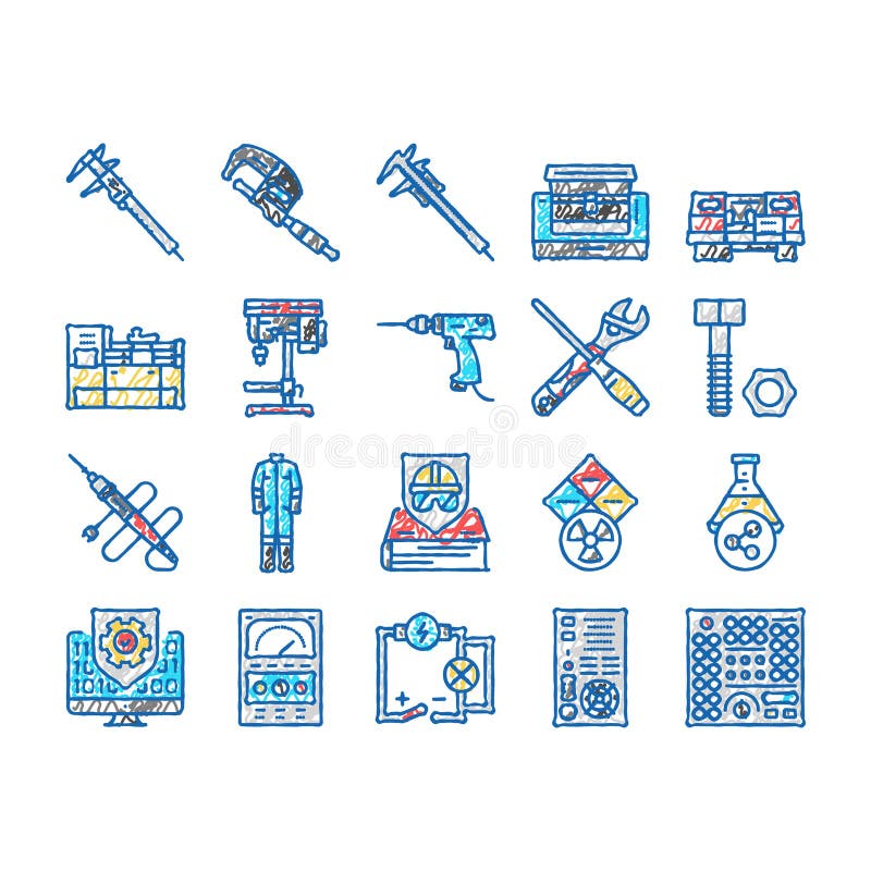 Engineering Tool Work Wrench Icons Hand Drawn Stock Vector ...