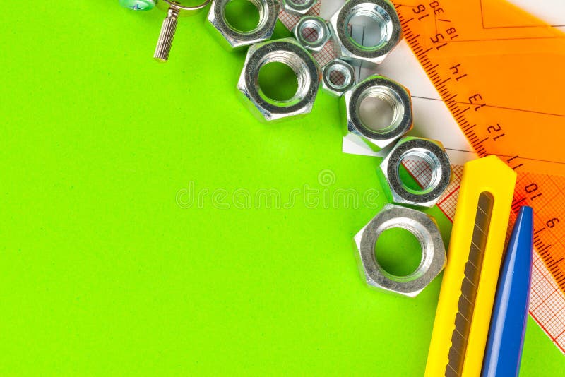 Engineering Tools. Bolts and Nuts on Green Background Stock Image ...